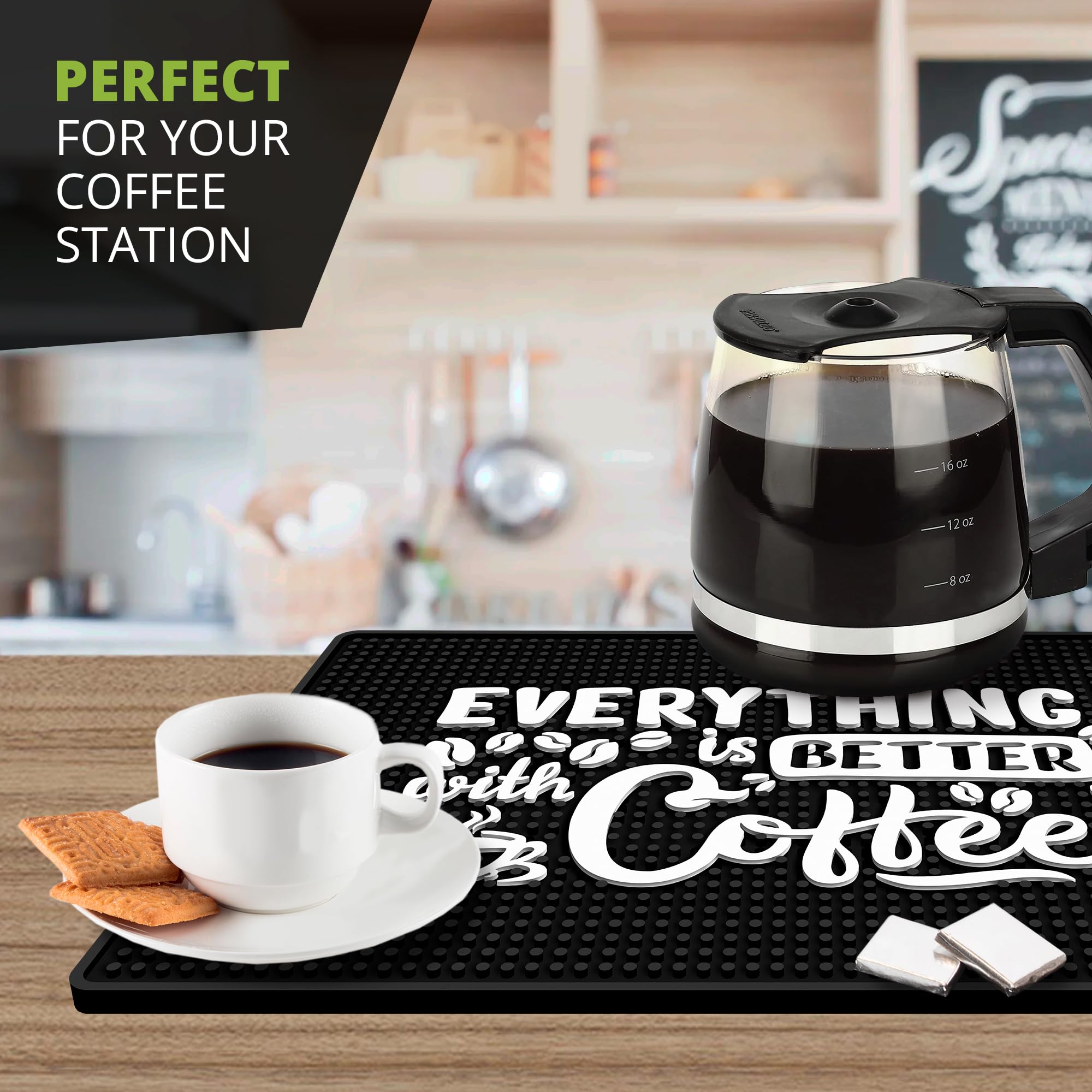 Coffee Bar Mat (18"x12") - Absorbent & Non-Slip Silicone - Perfect for Coffee Makers, Espresso Machines & Countertops - Stylish, Heavy-Duty & Easy-Clean Accessory for Shops, Restaurants & Hotels