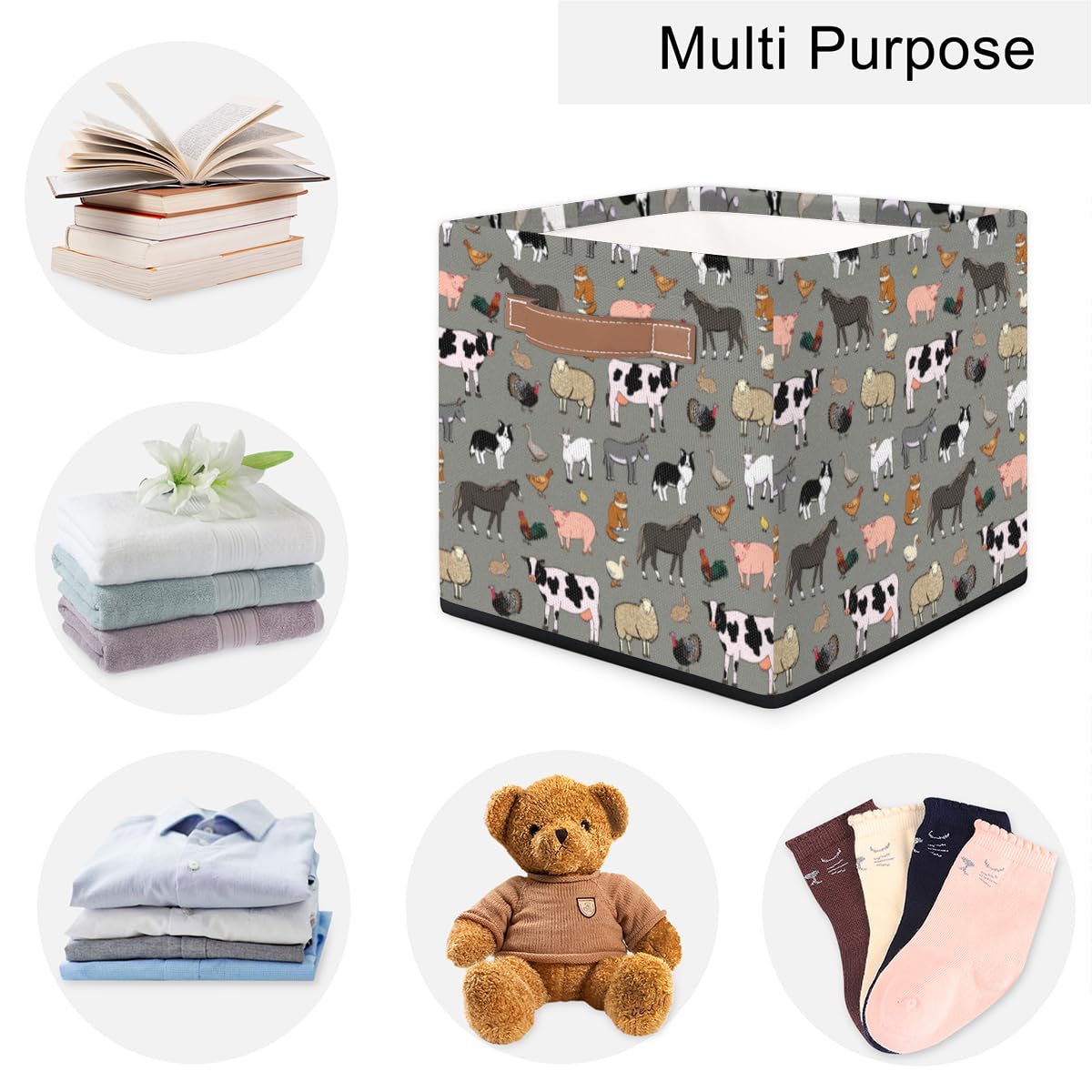 Cute Farm Rooster Cow Storage Basket Collapsible Fabric Storage Box 13x13x13 Inches Square Cube Storage Bins with Handles for Home Living Room Closet Shelf Office Bedroom