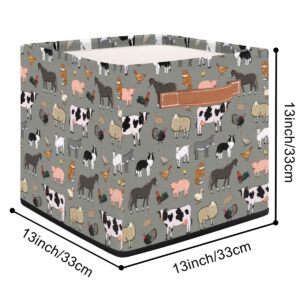 Cute Farm Rooster Cow Storage Basket Collapsible Fabric Storage Box 13x13x13 Inches Square Cube Storage Bins with Handles for Home Living Room Closet Shelf Office Bedroom