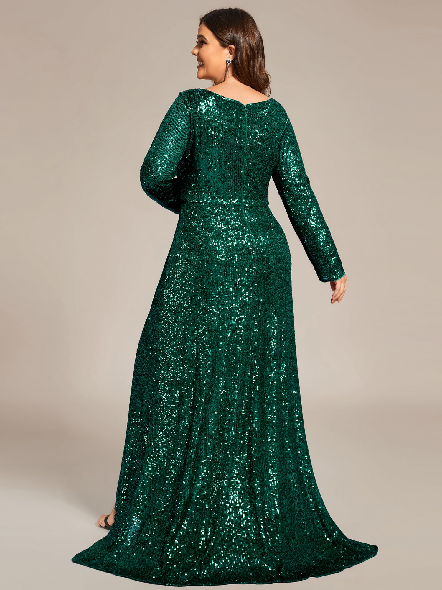 Ever-Pretty Women's V-Neck Sequin A-Line Pleated Long Sleeves Midi Plus Size Dress Ball Gowns Dark Green US20