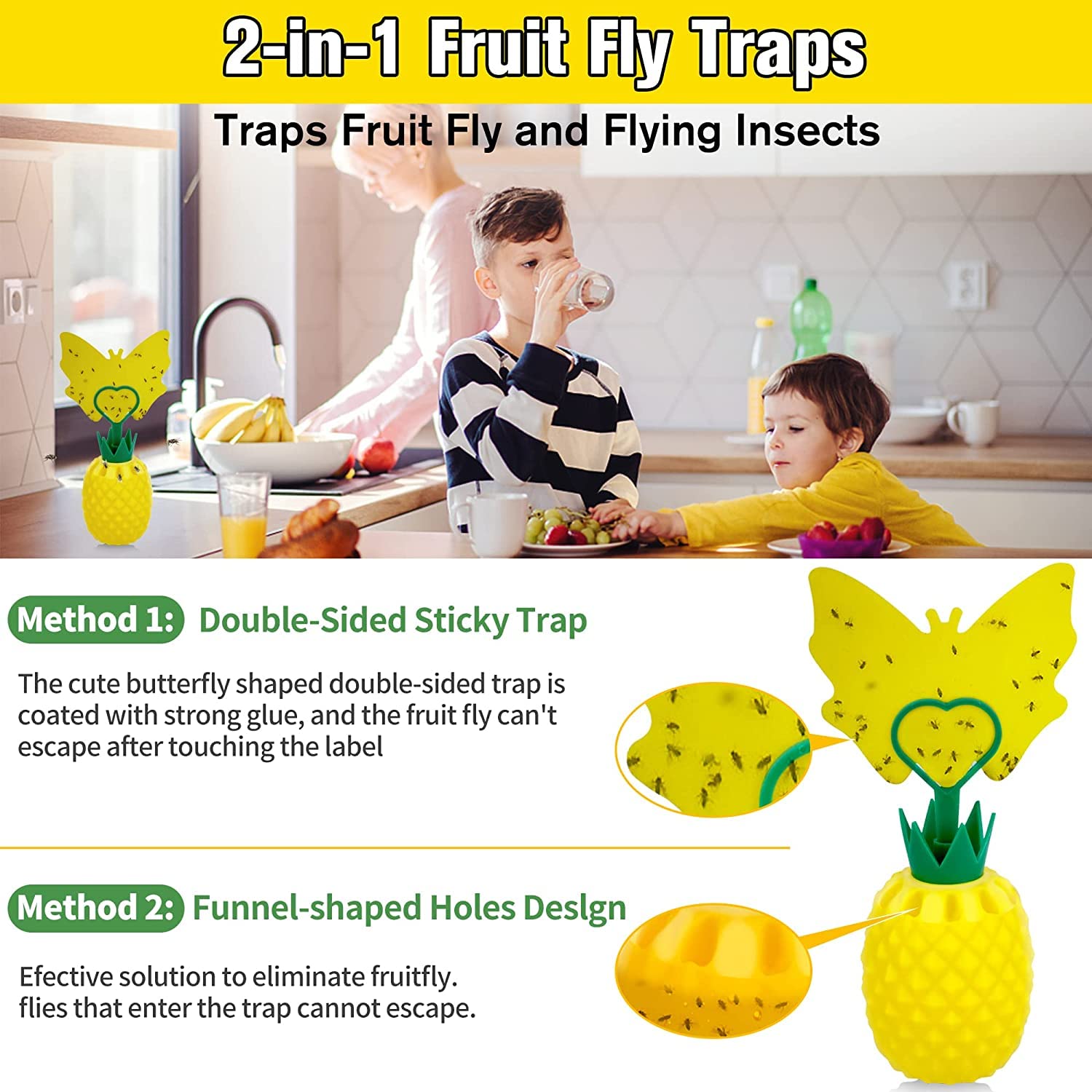 Fruit Fly Trap for Indoors, 2023 Upgrade Fruit Fly Gnat Traps for House Indoor with Yellow Sticky Pads, Non-Toxic Reusable Fruit Fly Gnat Killer Fly Catcher Comes with Bait for Plant/Kitchen (2 Pack)