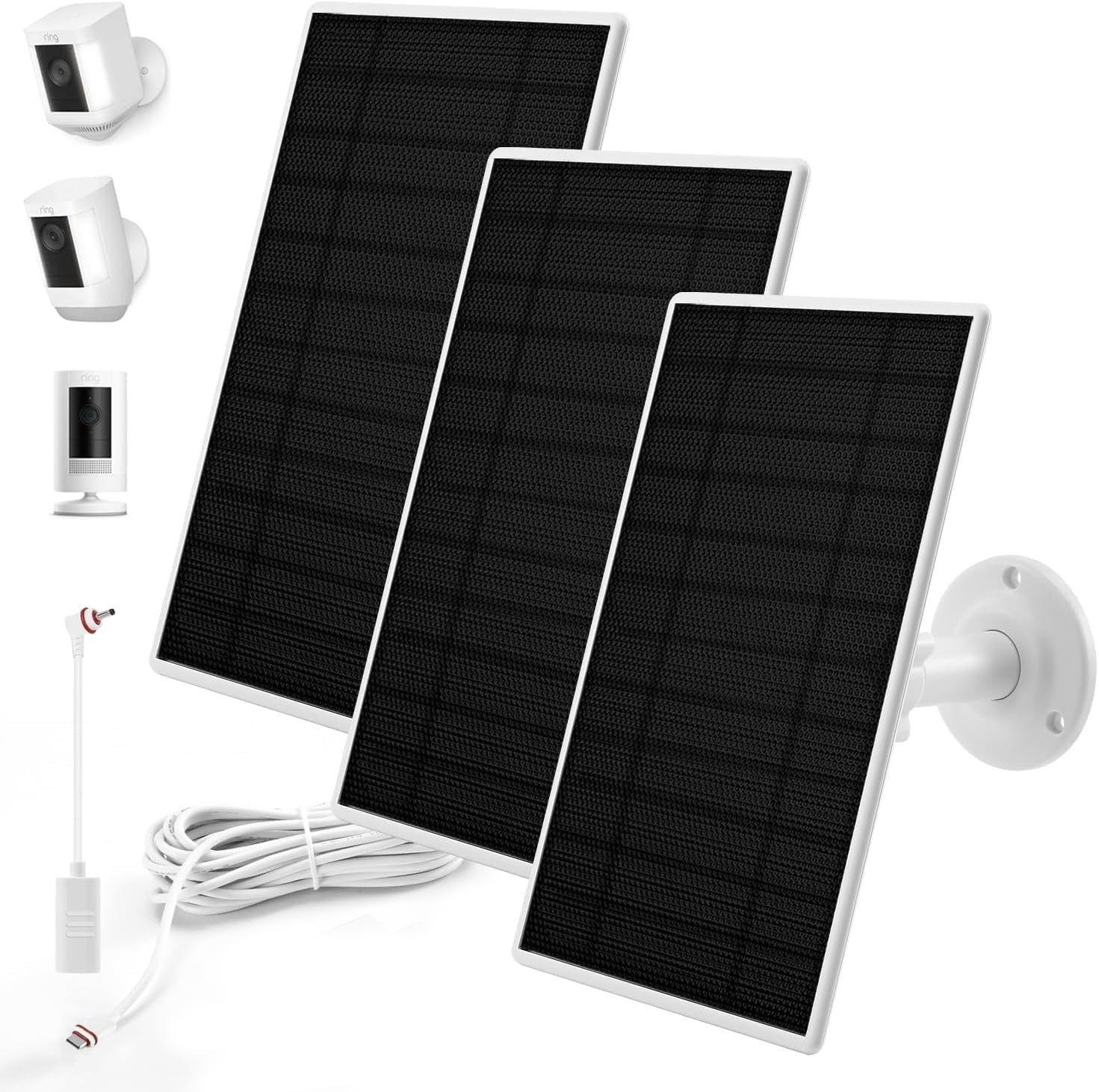 3 Pack Solar Panel Charger for Ring Security Camera, Compatible with Ring Spotlight Camera Plus/Pro/Battery, for Ring Stick Up Camera 2nd & 3rd Gen, 13.2ft Long Cable with USB-C to Barrel Plug Adapt