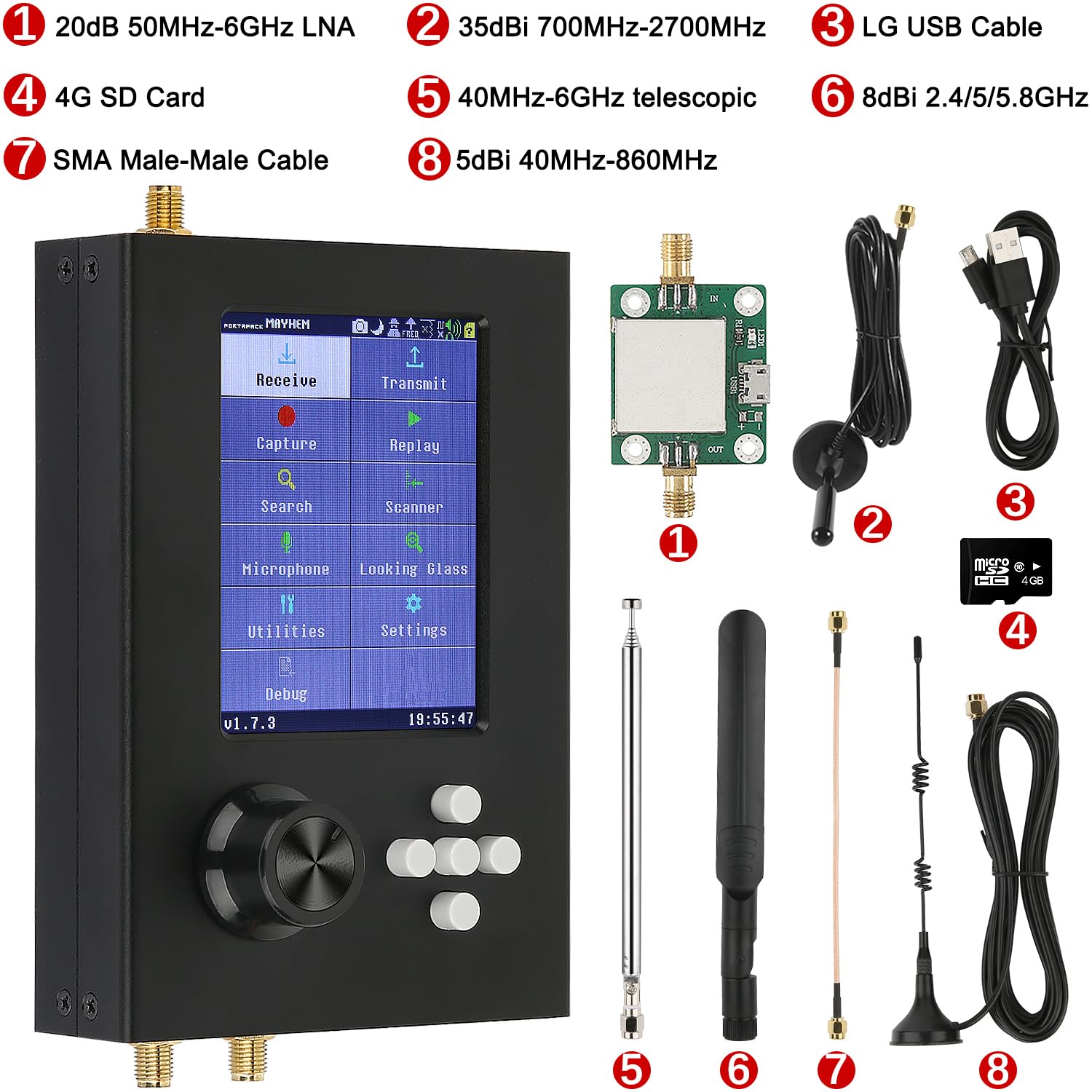 Portapack H2, 3.2in TFT Touch Screen Radio Transceiver 1MHz‑6GHz, SDR Radio Receiver Kit for Communication, 3.5mm Audio Jack USB Charge, Built-in Speaker and 2000mAh Lithium Battery