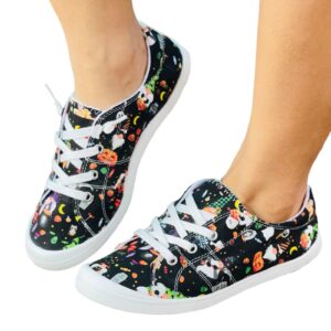 Halloween Shoes for Women Halloween Sneakers Pumpkin Shoes for Women Skeleton Shoes Casual Fashion Skull Head Print Lace Up Low Top Loafers Comfortable Walking Shoes