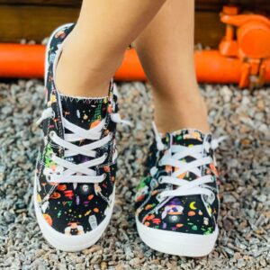 Halloween Shoes for Women Halloween Sneakers Pumpkin Shoes for Women Skeleton Shoes Casual Fashion Skull Head Print Lace Up Low Top Loafers Comfortable Walking Shoes