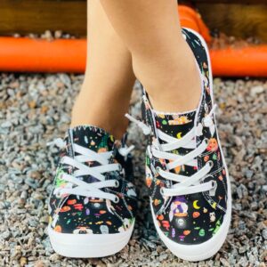 Halloween Shoes for Women Halloween Sneakers Pumpkin Shoes for Women Skeleton Shoes Casual Fashion Skull Head Print Lace Up Low Top Loafers Comfortable Walking Shoes