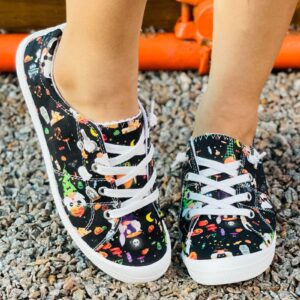 Halloween Shoes for Women Halloween Sneakers Pumpkin Shoes for Women Skeleton Shoes Casual Fashion Skull Head Print Lace Up Low Top Loafers Comfortable Walking Shoes