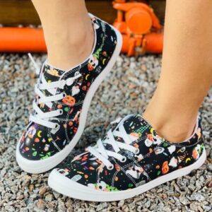 Halloween Shoes for Women Halloween Sneakers Pumpkin Shoes for Women Skeleton Shoes Casual Fashion Skull Head Print Lace Up Low Top Loafers Comfortable Walking Shoes