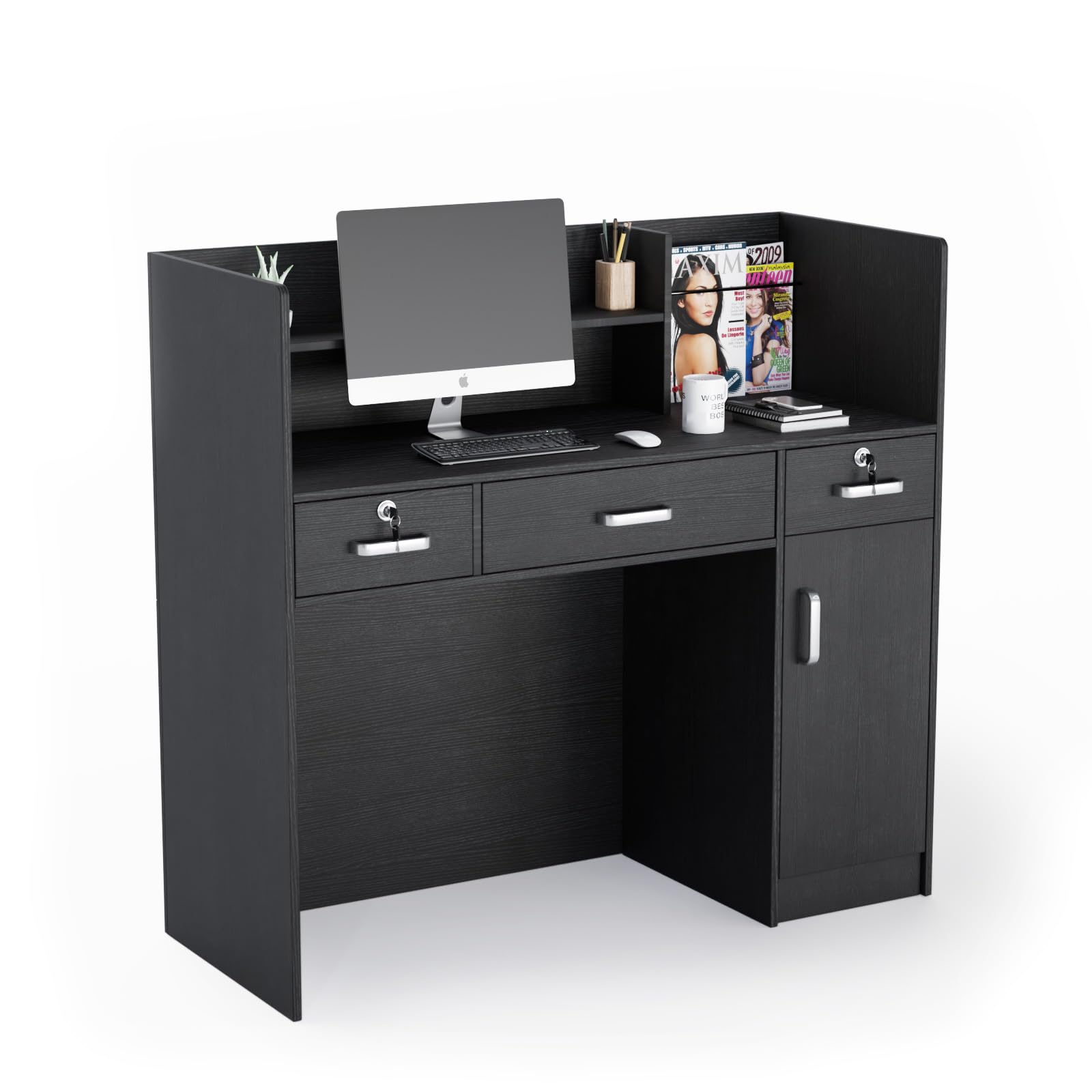 LEADZM Modern Reception Desk with Lockable Drawers, Storage Cabinet & Shelf, Salon Reception Room Table, Office Computer Desk, Clothing Store Checkout Counter, White(47.2”W x 18.9”D x 43.7”H)