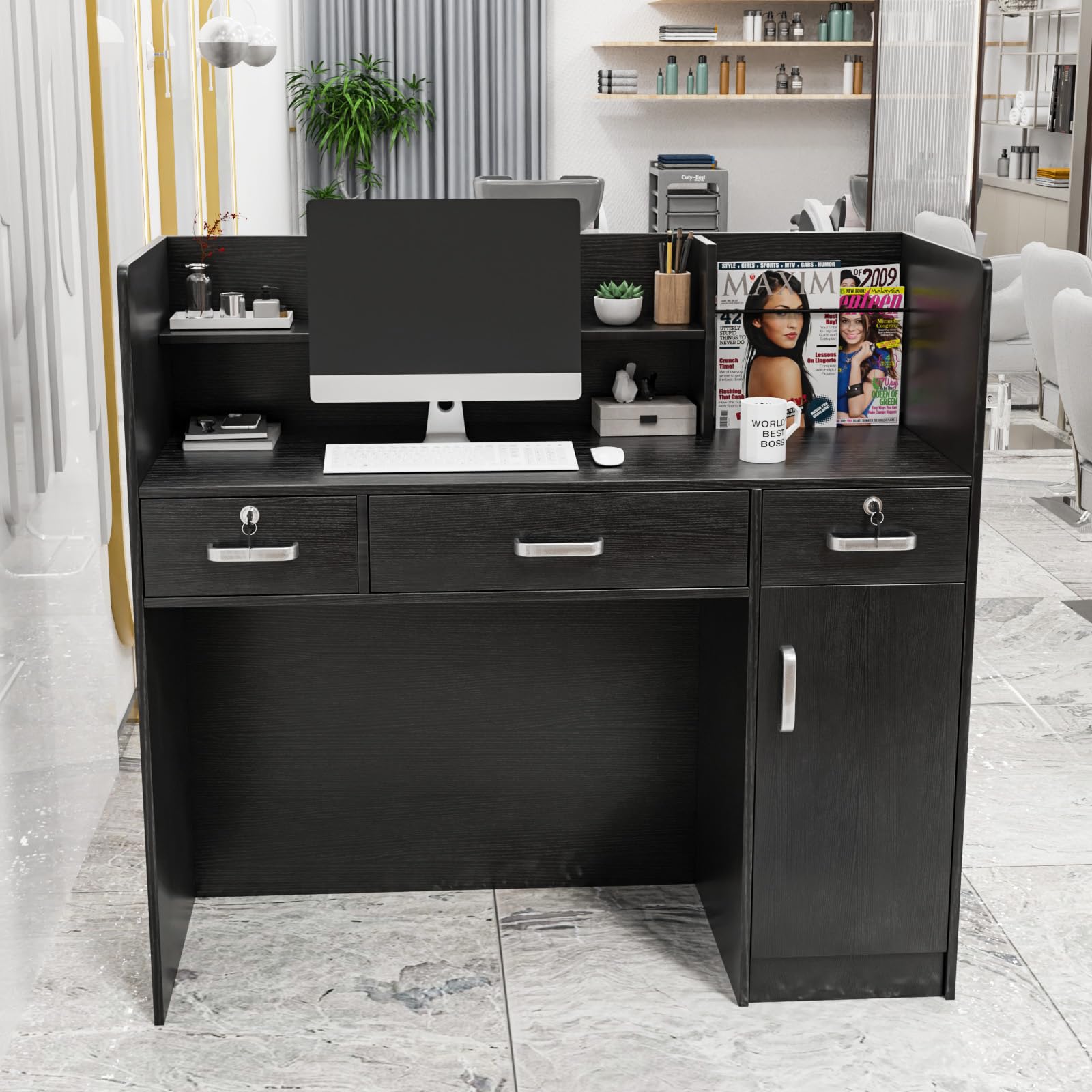 LEADZM Modern Reception Desk with Lockable Drawers, Storage Cabinet & Shelf, Salon Reception Room Table, Office Computer Desk, Clothing Store Checkout Counter, White(47.2”W x 18.9”D x 43.7”H)