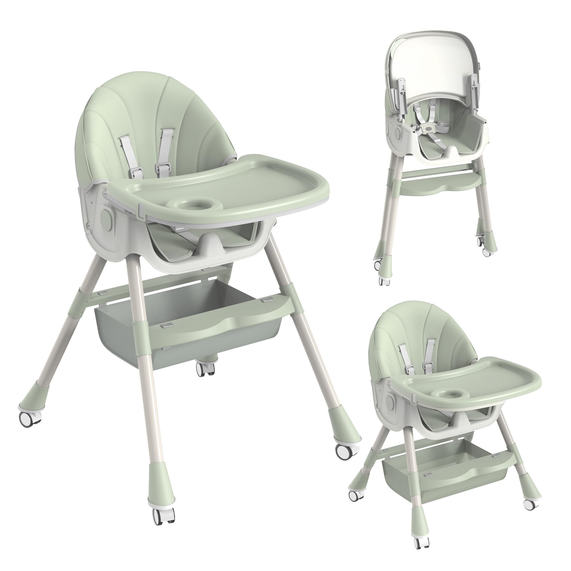 Baby Folding High Chair Convertible Compact with Removable 5-Point Harness for Baby Girl & Boy Ages 6-72 Months Adjustable & Removable Detachable Double Tray Easy to Clean with Wheels