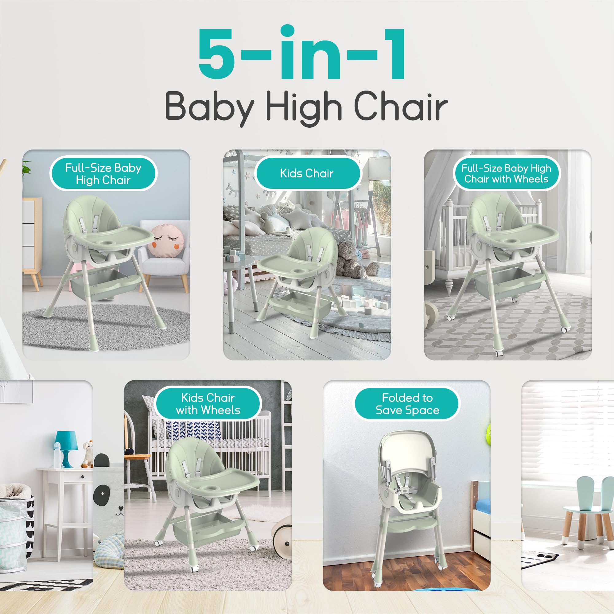 Baby Folding High Chair Convertible Compact with Removable 5-Point Harness for Baby Girl & Boy Ages 6-72 Months Adjustable & Removable Detachable Double Tray Easy to Clean with Wheels