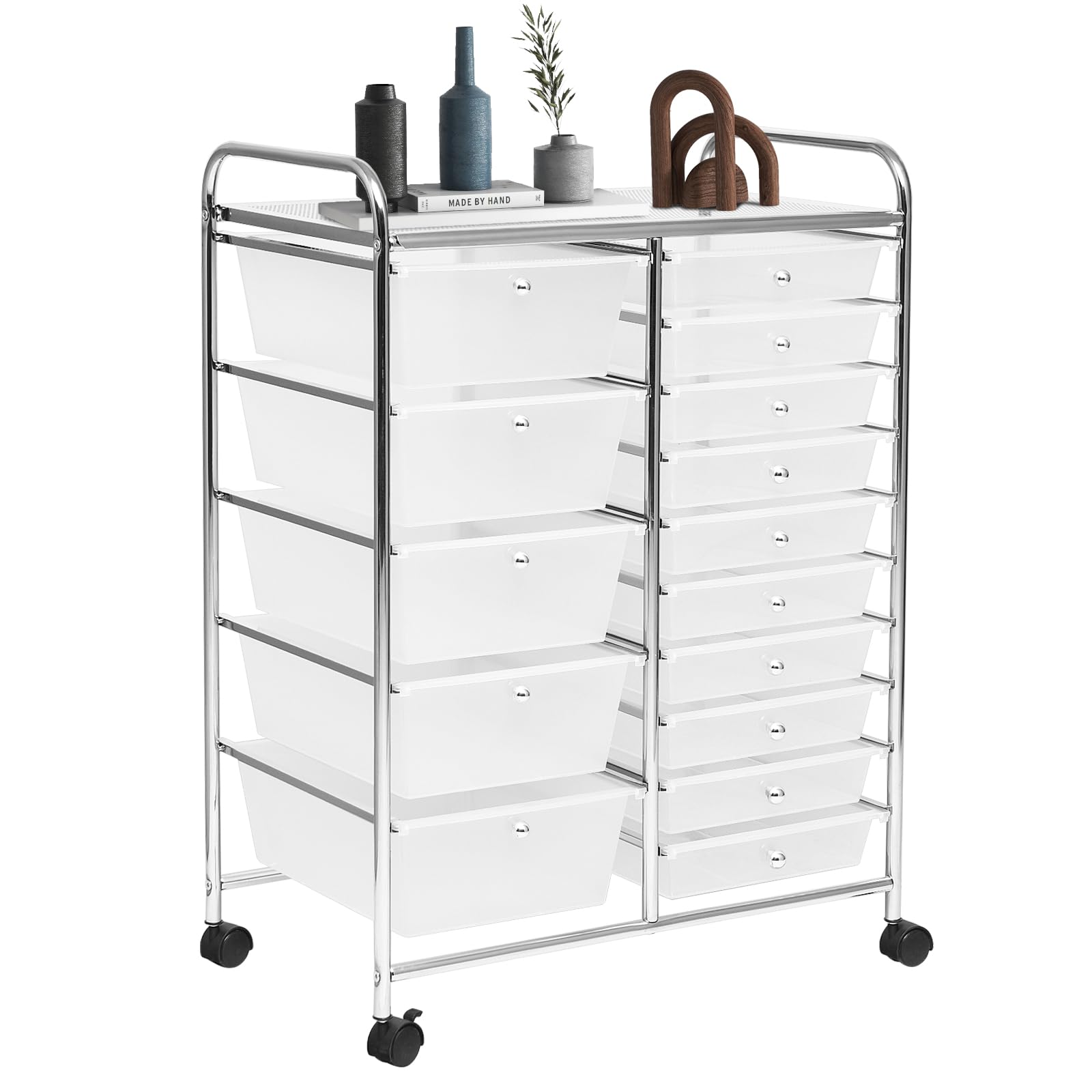 SILKYDRY 15 Drawers Rolling Storage Cart, Craft Cart Organizer with Lockable Wheels for Tools, Arts, Scrapbook, Papers, Multipurpose Utility Cart for Home Office School (Clear)