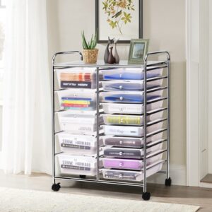 SILKYDRY 15 Drawers Rolling Storage Cart, Craft Cart Organizer with Lockable Wheels for Tools, Arts, Scrapbook, Papers, Multipurpose Utility Cart for Home Office School (Clear)