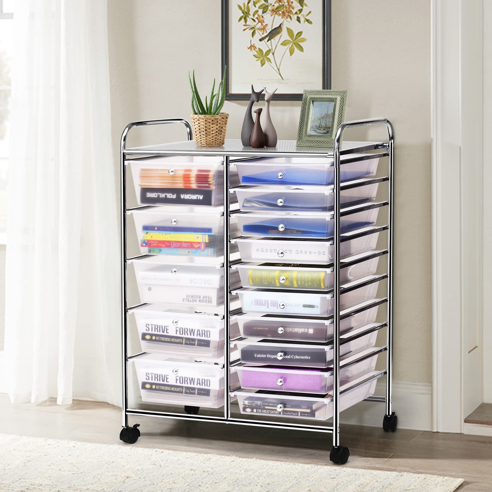 SILKYDRY 15 Drawers Rolling Storage Cart, Craft Cart Organizer with Lockable Wheels for Tools, Arts, Scrapbook, Papers, Multipurpose Utility Cart for Home Office School (Clear)