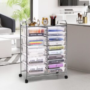 SILKYDRY 15 Drawers Rolling Storage Cart, Craft Cart Organizer with Lockable Wheels for Tools, Arts, Scrapbook, Papers, Multipurpose Utility Cart for Home Office School (Clear)