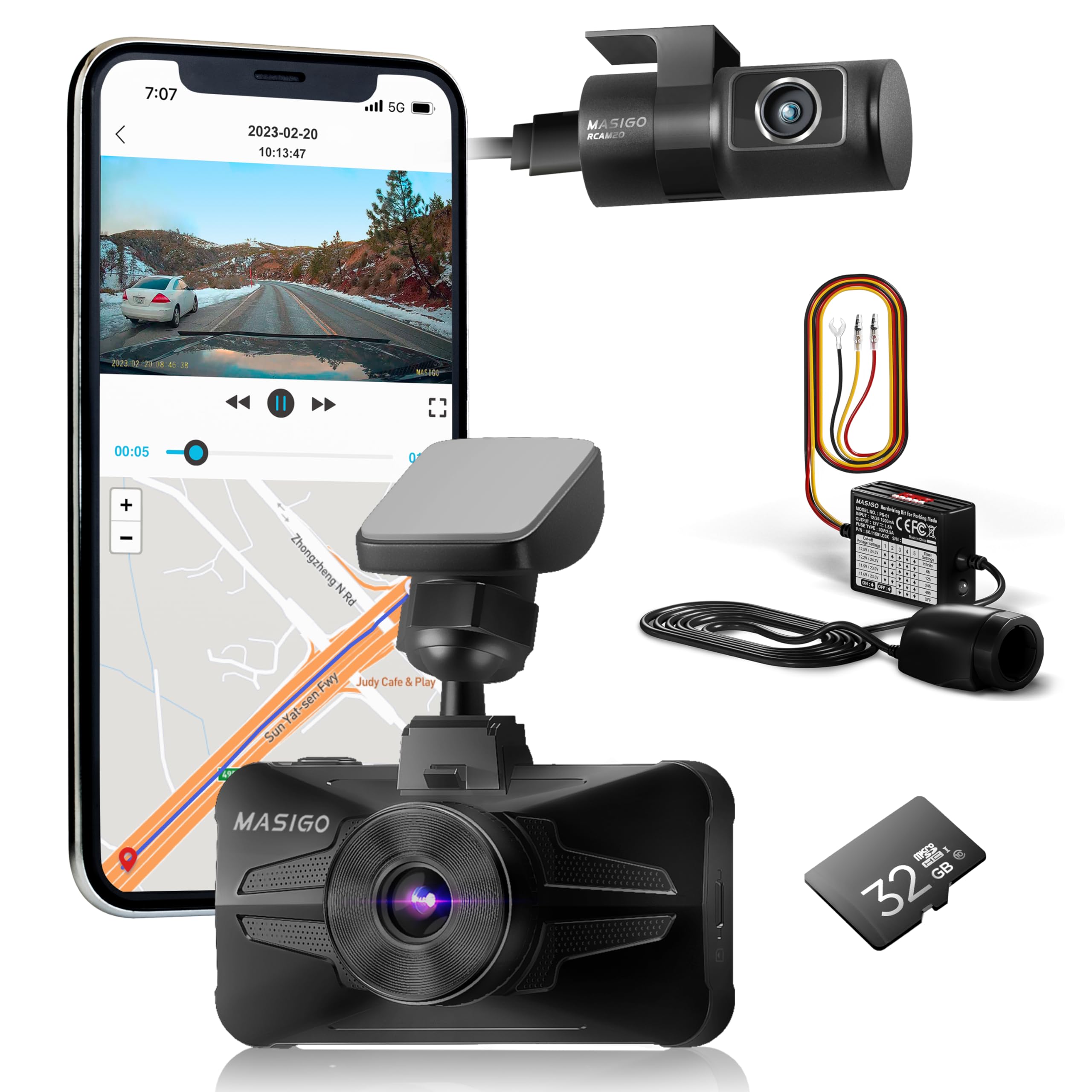 【Bundle 2 Items: MASIGO A330D WiFi GPS + Hardwire Kit】 Dual 60fps Dash Cam Front and Rear, Car Camera Built-in WiFi GPS, Sony Night Vision, G-Sensor Parking Mode, 512GB Max