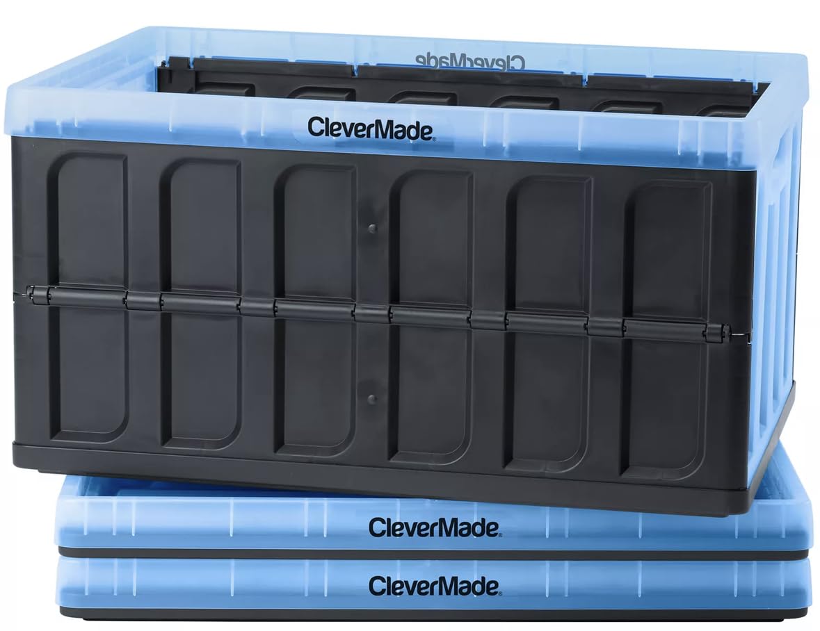 CleverMade 62L Collapsible Storage Bin, No Lid, Black/Translucent Blue.