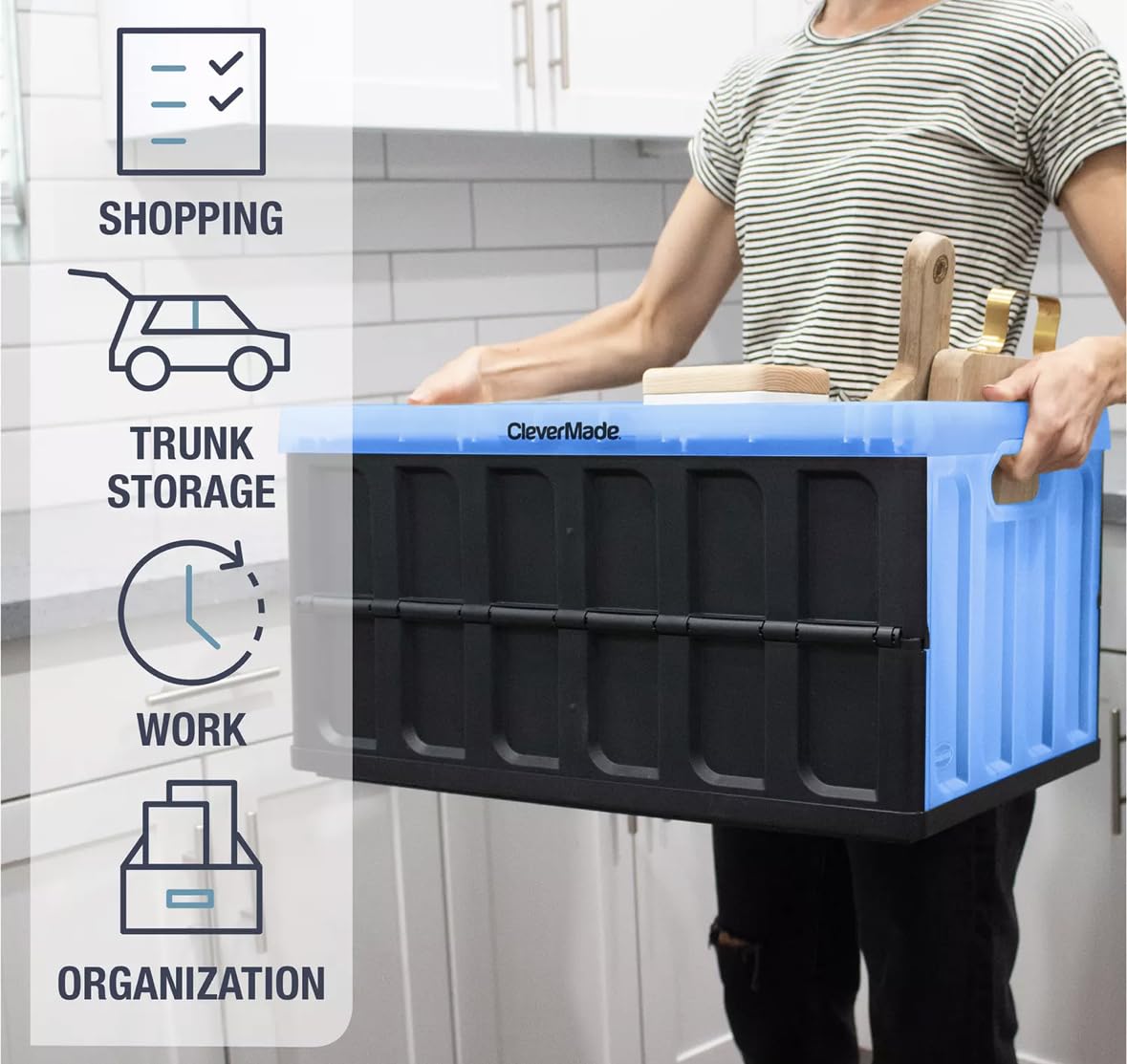 CleverMade 62L Collapsible Storage Bin, No Lid, Black/Translucent Blue.