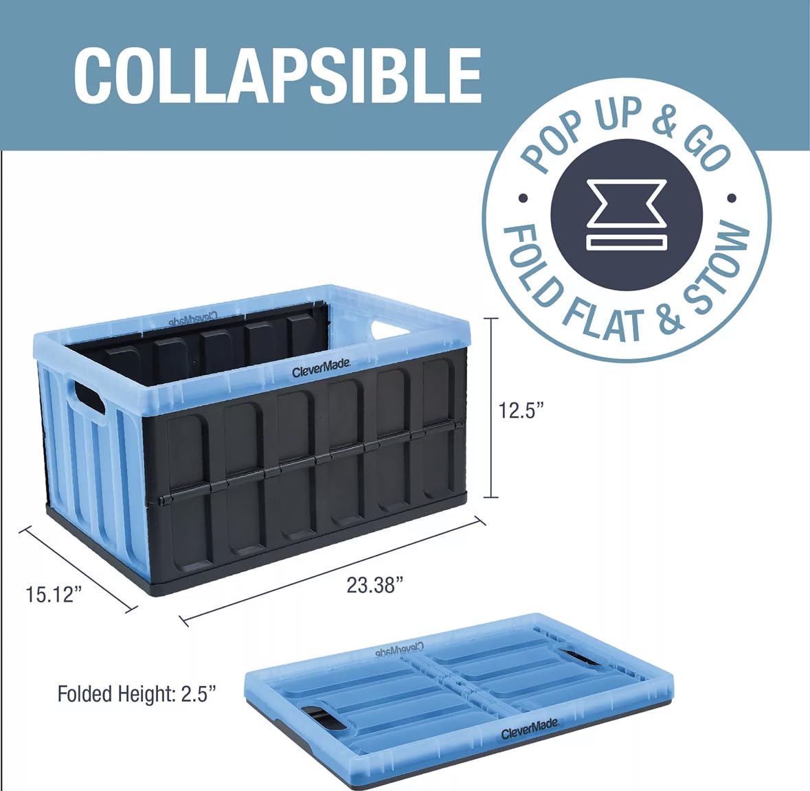 CleverMade 62L Collapsible Storage Bin, No Lid, Black/Translucent Blue.