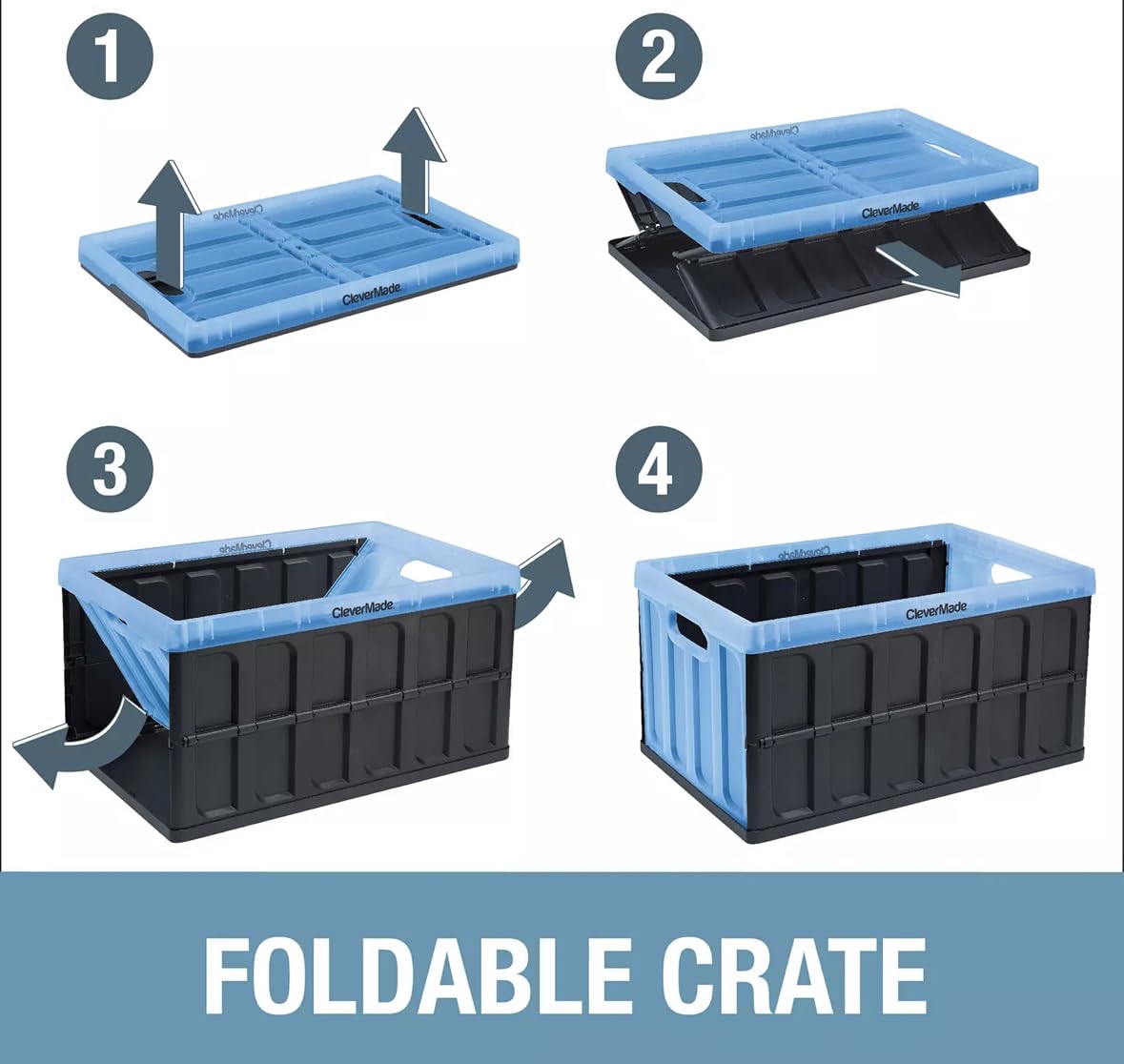 CleverMade 62L Collapsible Storage Bin, No Lid, Black/Translucent Blue.