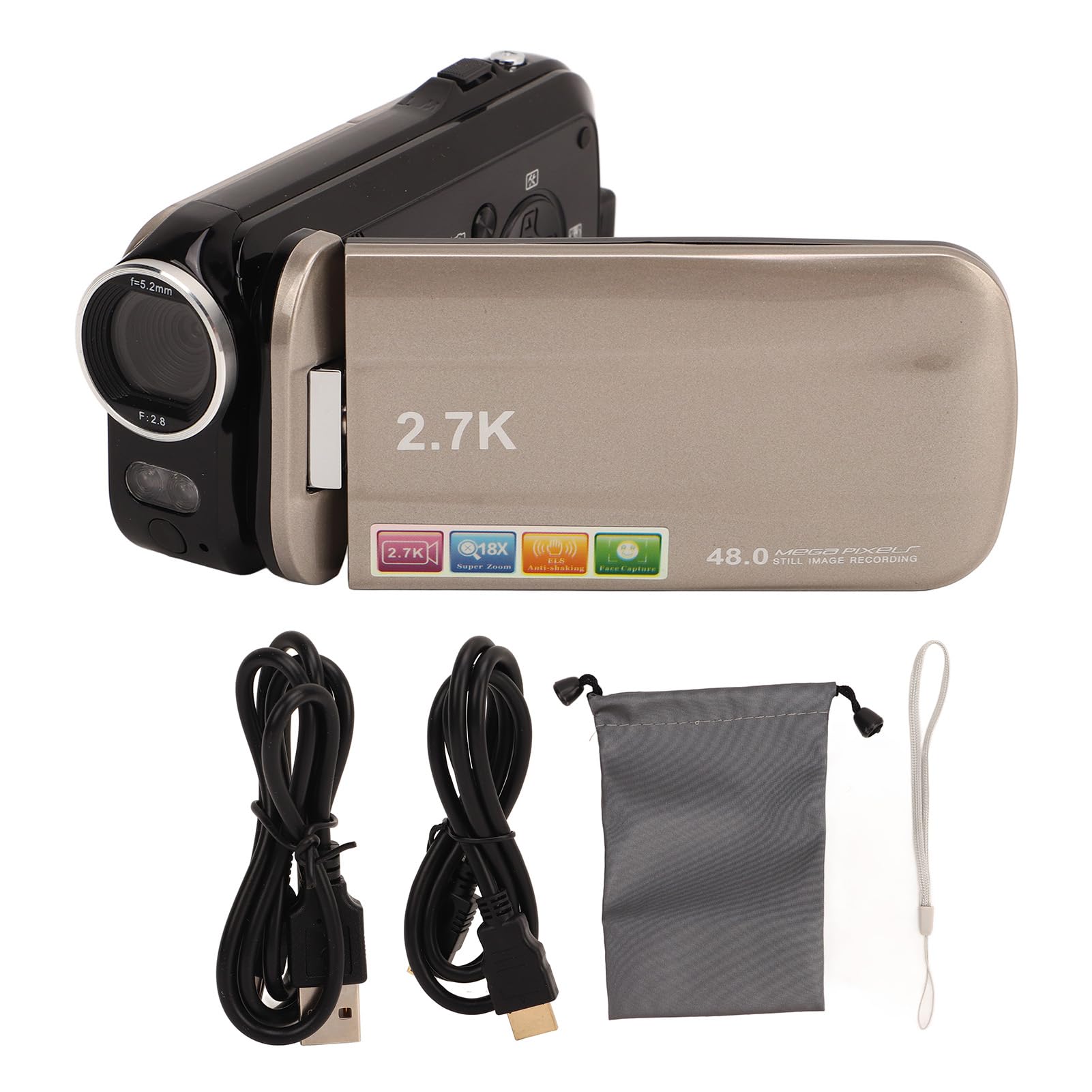 Digital Camera Recorder, 18X Zoom Beauty Mode 2.7K 48MP Digital Video Camera for Vlogging