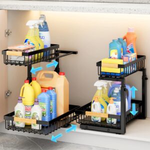 under sink organizer, 2 packs 2 tier under sink organizers and storage, slide out pull out cabinet organizer shelf, metal sliding drawer for kitchen bathroom pantry cabinet closet organization rack