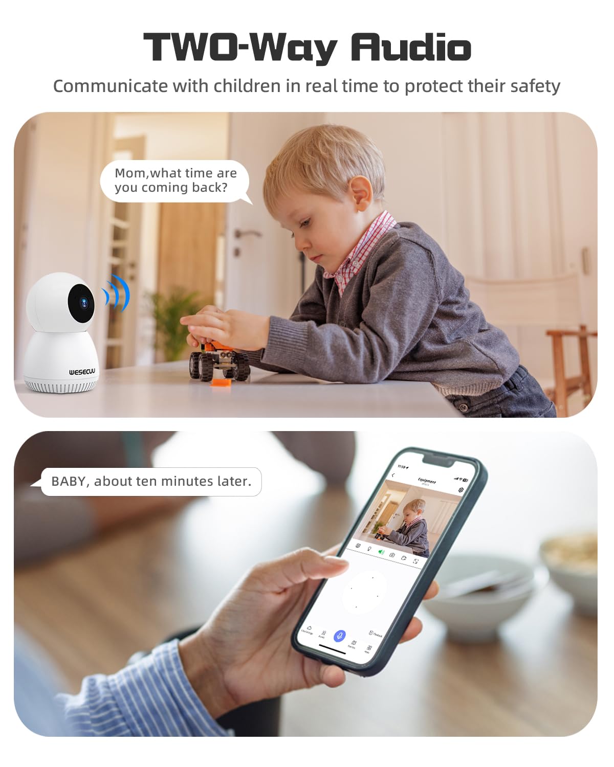 WESECUU Indoor Camera, 360 PTZ Pet Camera Dog Camera with Phone App, 2.4G WiFi Smart Video Baby Monitor Cameras for Home Security Indoor Motion Detection Siren 24/7 Night Vision 2 Way Talk Cloud/SD