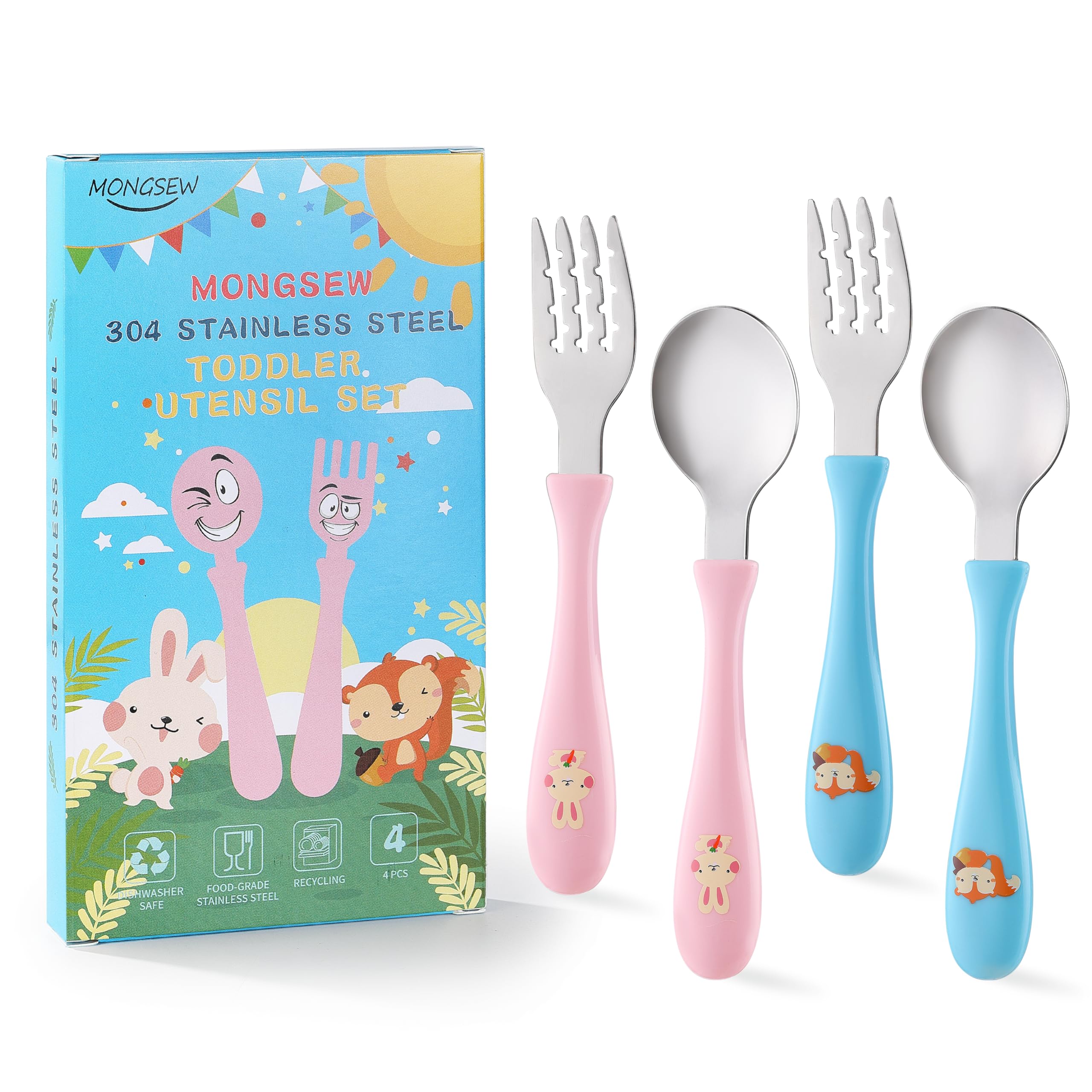 4PCS Toddler Utensils, MONGSEW Toddler Forks and Spoons Set, Premium Food-Grade Stainless Steel Kids Silverware Set with Stylish Squirrel and Rabbit Pattern Handle, Dishwasher Safe