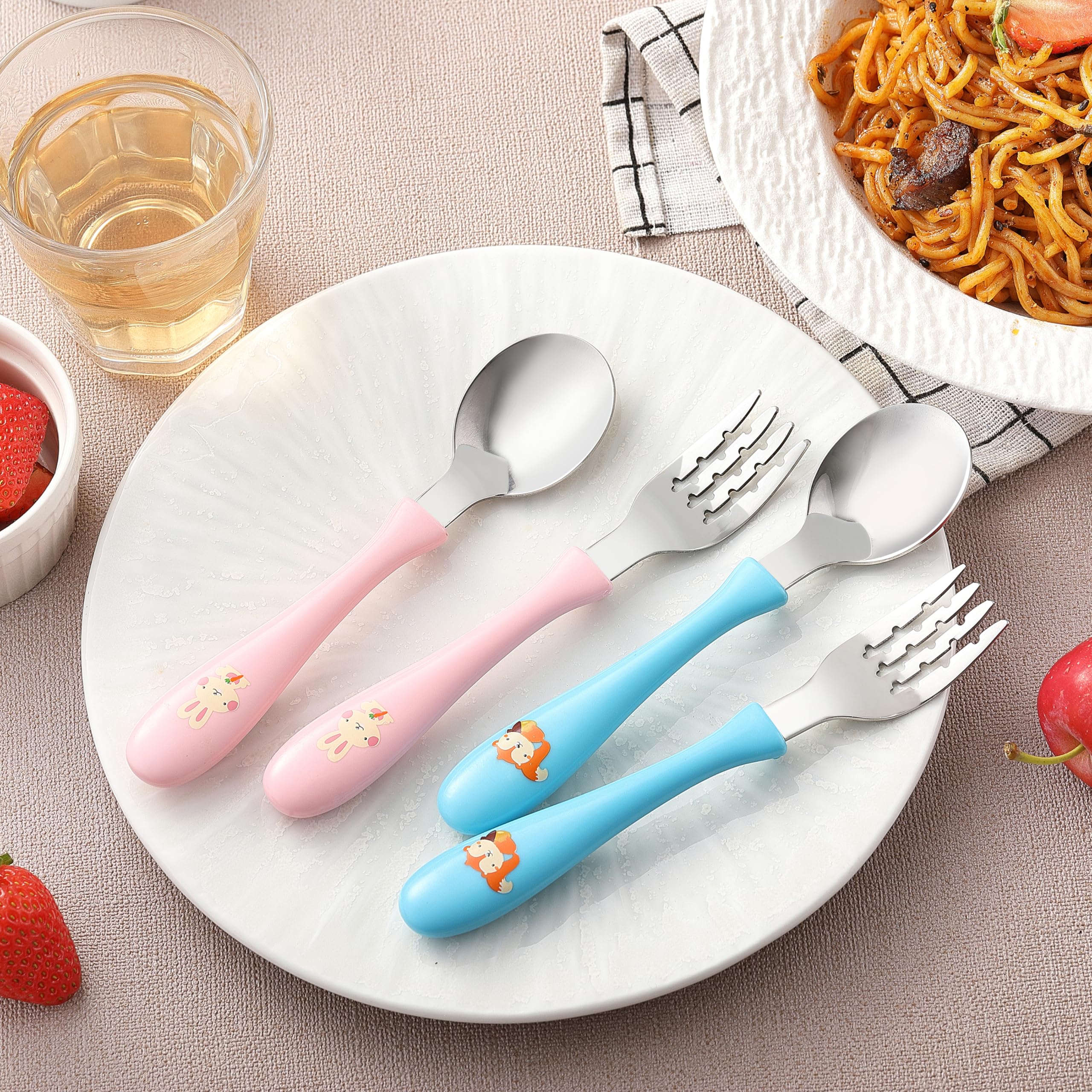 4PCS Toddler Utensils, MONGSEW Toddler Forks and Spoons Set, Premium Food-Grade Stainless Steel Kids Silverware Set with Stylish Squirrel and Rabbit Pattern Handle, Dishwasher Safe