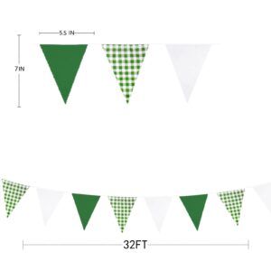 32Ft Green Party Decorations Green Buffalo Plaid Checkered White Triangle Flag Gingham Pennant Bunting Fabric Garland for Wedding Birthday Picnic BBQ Outdoor Golf Party Dinosaur Arbor Day Decorations