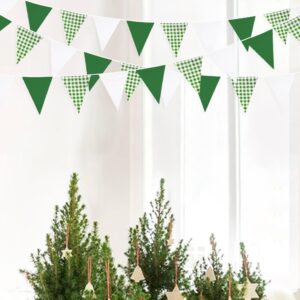 32Ft Green Party Decorations Green Buffalo Plaid Checkered White Triangle Flag Gingham Pennant Bunting Fabric Garland for Wedding Birthday Picnic BBQ Outdoor Golf Party Dinosaur Arbor Day Decorations