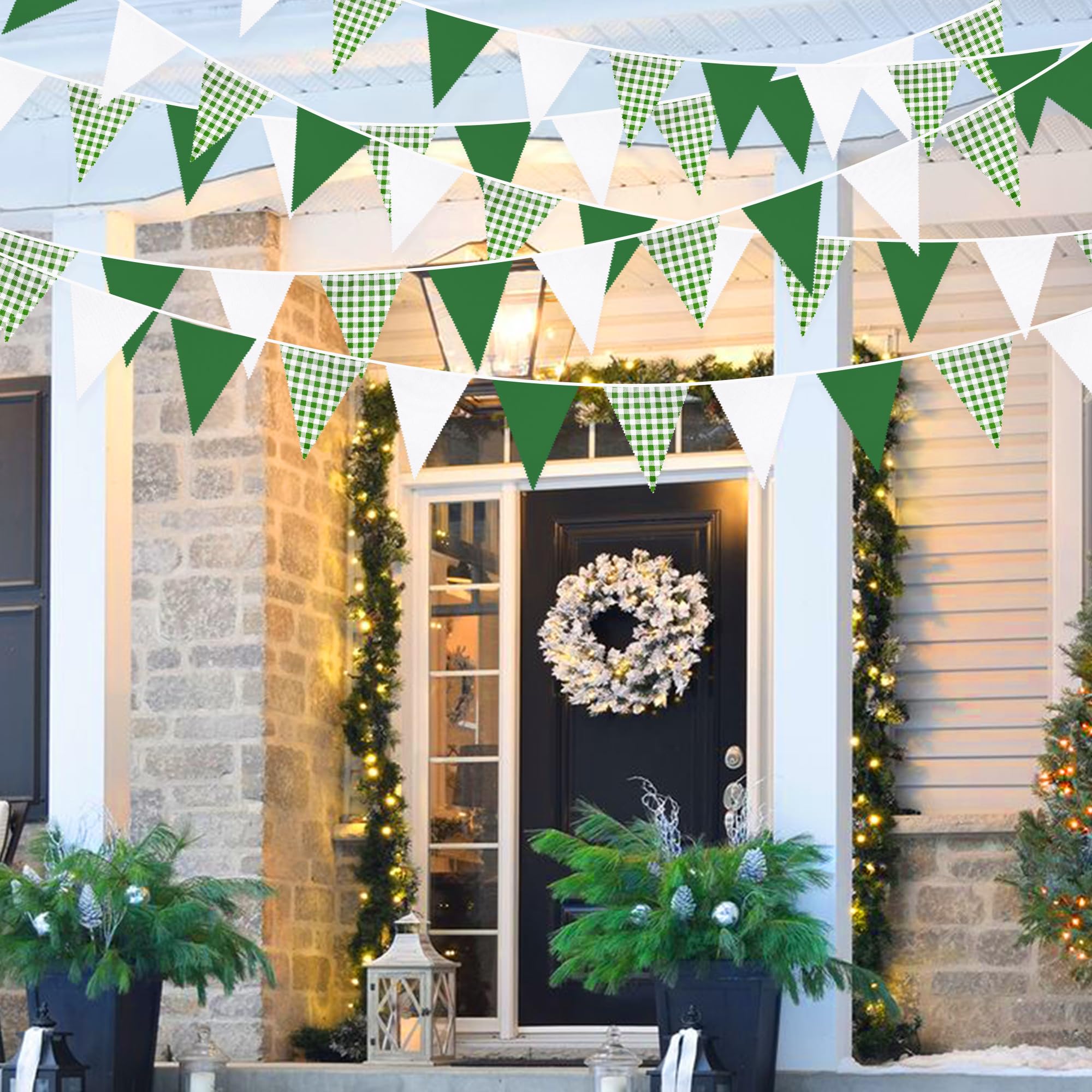 32Ft Green Party Decorations Green Buffalo Plaid Checkered White Triangle Flag Gingham Pennant Bunting Fabric Garland for Wedding Birthday Picnic BBQ Outdoor Golf Party Dinosaur Arbor Day Decorations