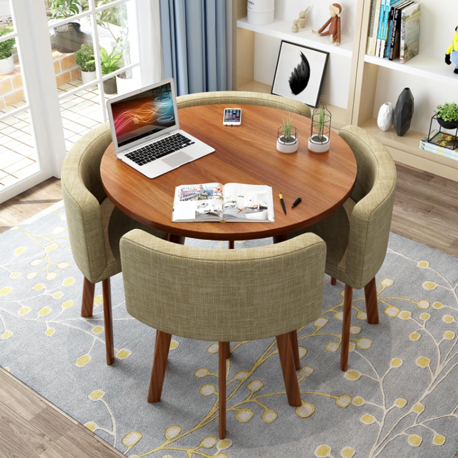 Small Office Reception Room Club Table and Chair Set, Round Table Simple Reception Table and Chair Set, Space-Saving Small Meeting Room Table, Coffee Kitchen Living Room Milk Tea Shop ( Color : Brown