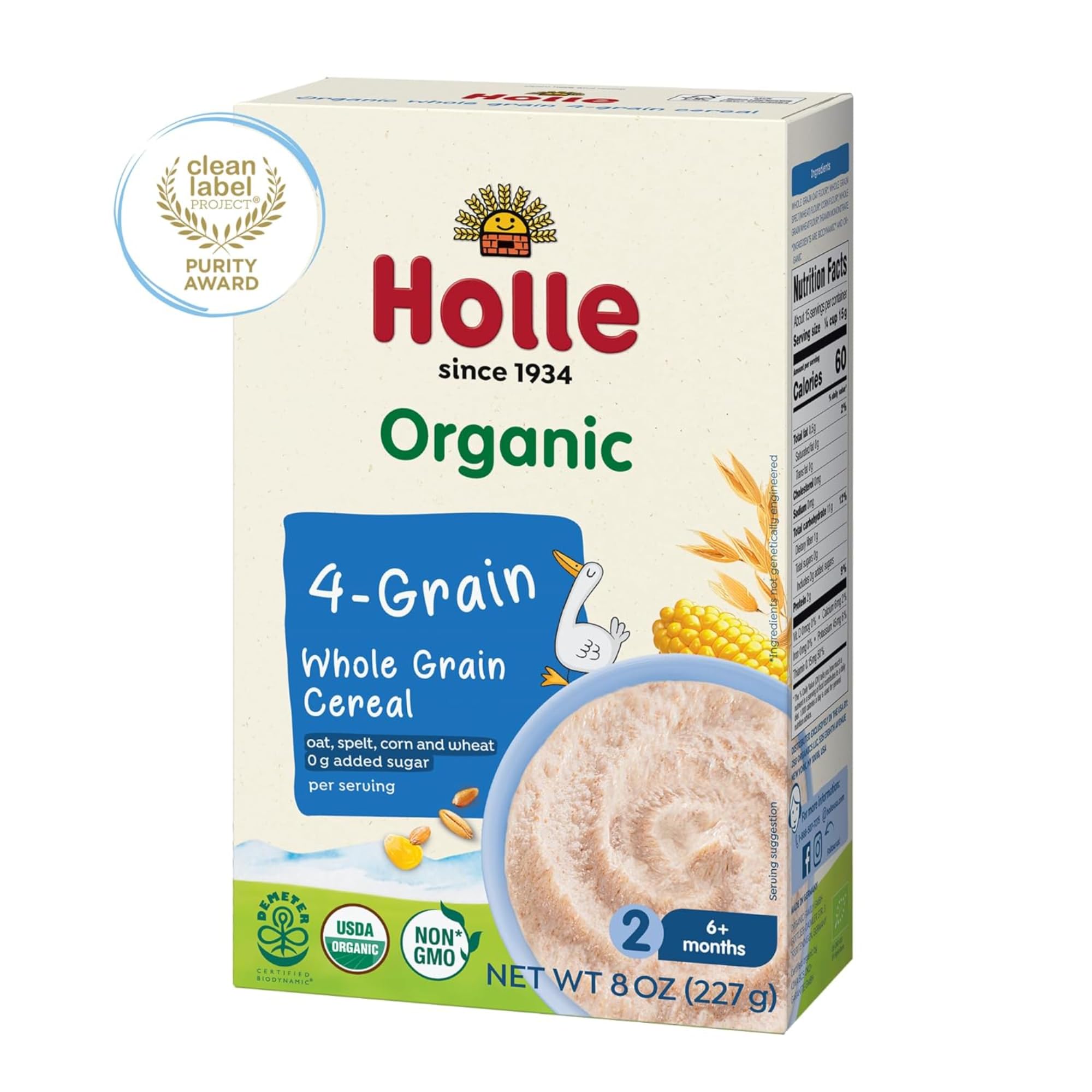 Holle Organic Baby Cereal - Whole Grain, 4-Grain Cereal for Baby - Quick and Easy to Prepare as an Organic Baby Oatmeal for Children Over 6 Months - (6 Pack) With Whole Grain Oat, Spelt, Corn & Wheat