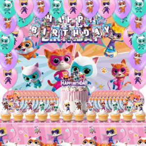 super cat birthday party supplies - super cartoon kitty birthday decorations with 18x balloons, birthday banner, tablecloth, cake topper, 12x cupcake toppers, 10x plates, backdrop for fans kids