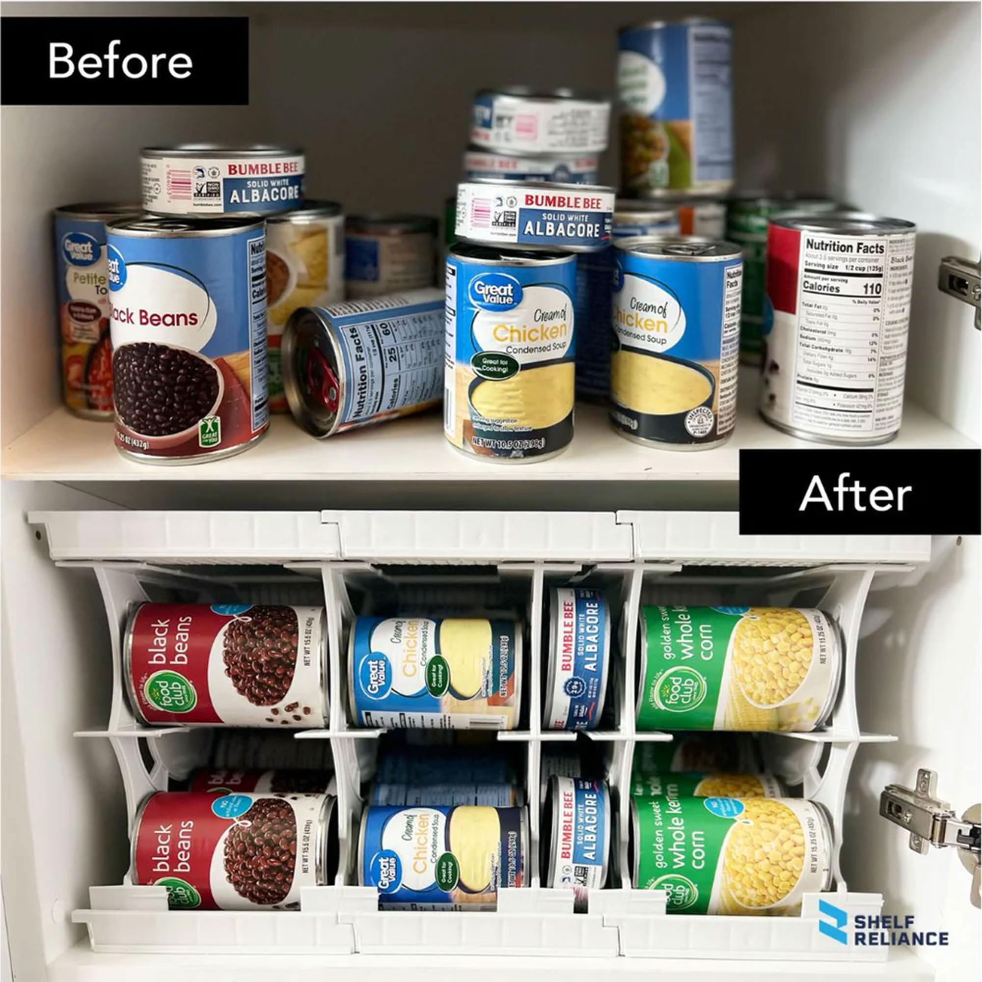 Shelf Reliance Cansolidator 60 Cans, Stackable Adjustable Can Pantry Organizer, Rotating Canned Food & Soda Storage Kitchen Organizer, USA Made,2 Pack