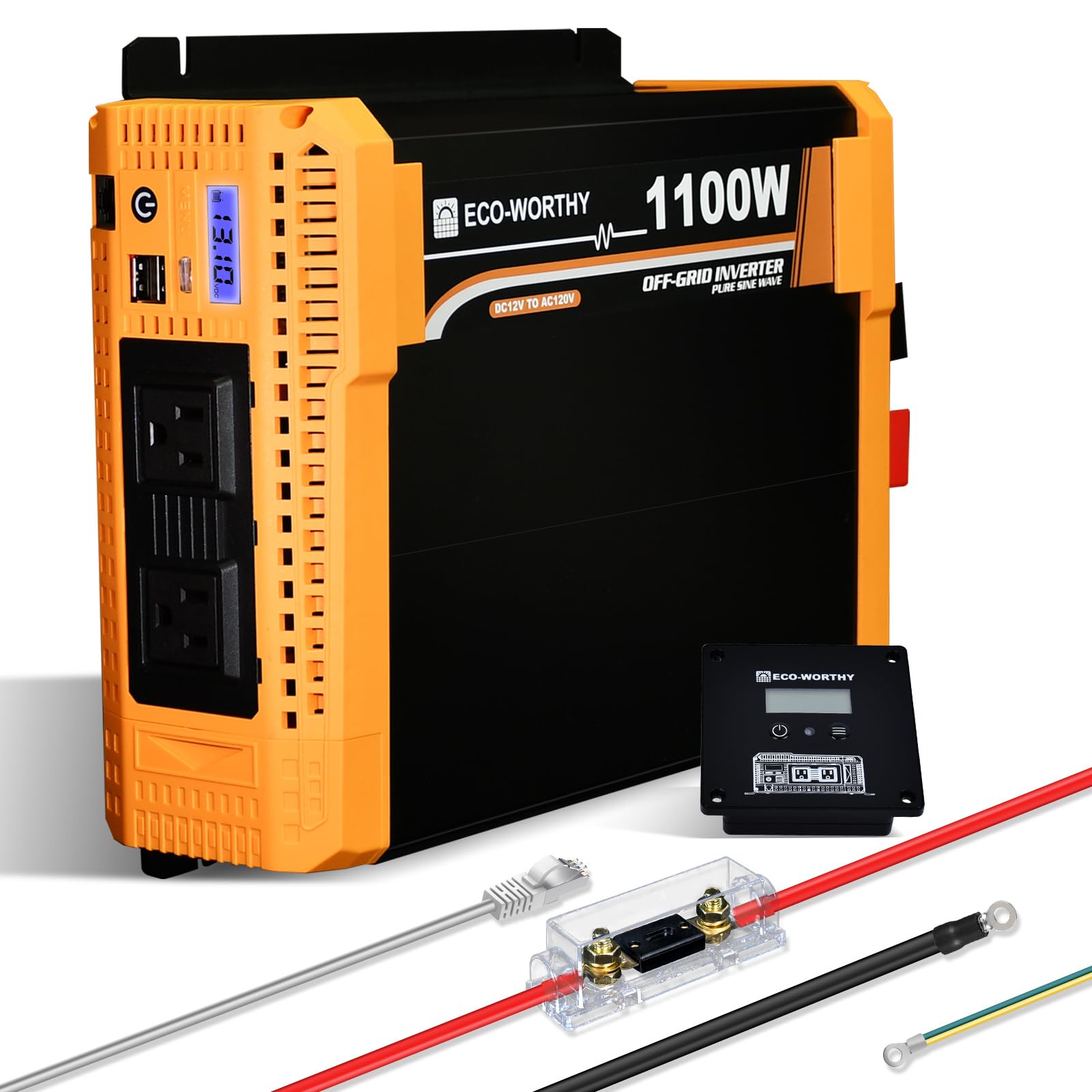 ECO-WORTHY 1100Watt Pure Sine Wave Solar Power Inverter 12V DC to 120V AC with Built-in Dual 18W USB Port, 2*AC Outlets, 1*Hardwire Terminals and 1 * 120A Fuse