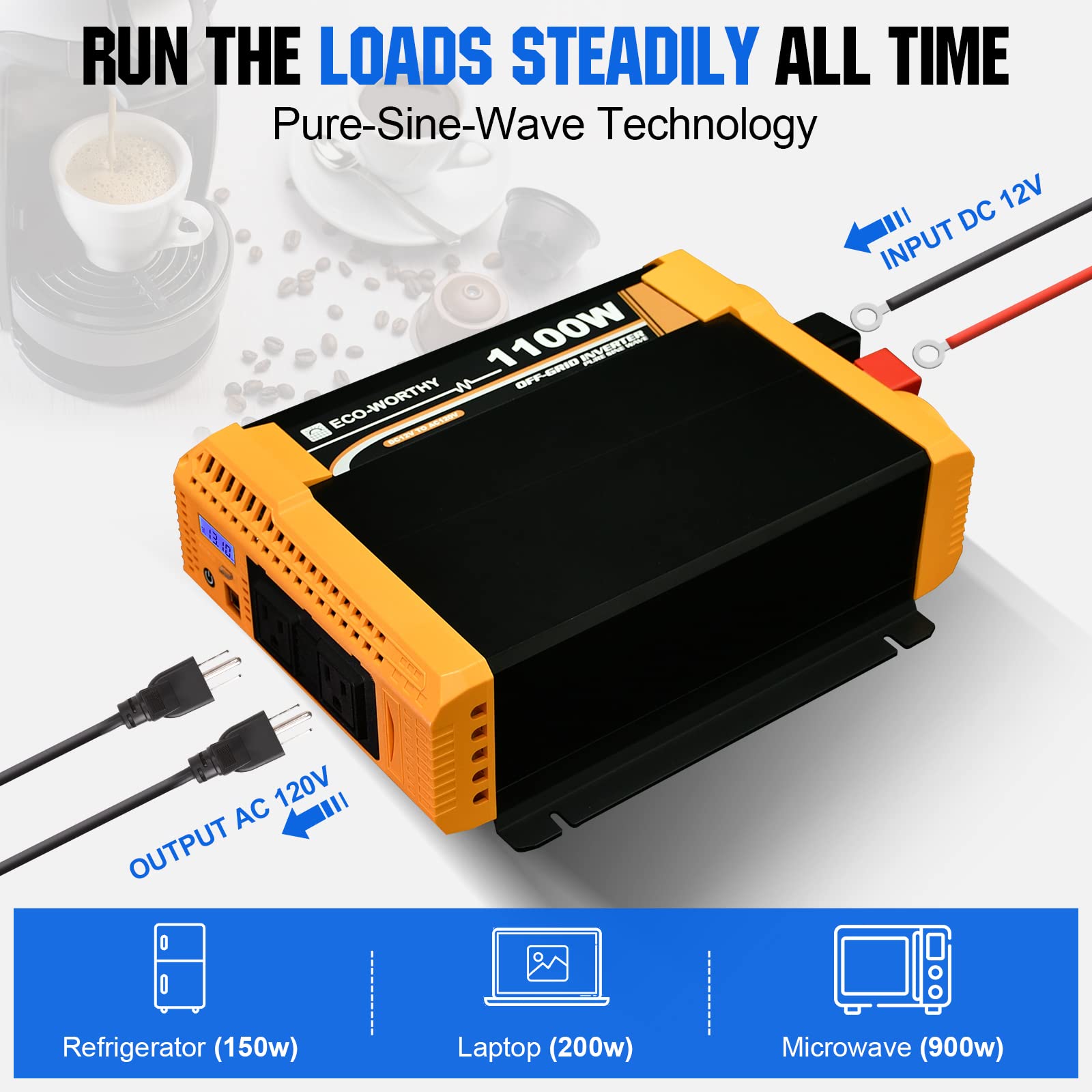 ECO-WORTHY 1100Watt Pure Sine Wave Solar Power Inverter 12V DC to 120V AC with Built-in Dual 18W USB Port, 2*AC Outlets, 1*Hardwire Terminals and 1 * 120A Fuse