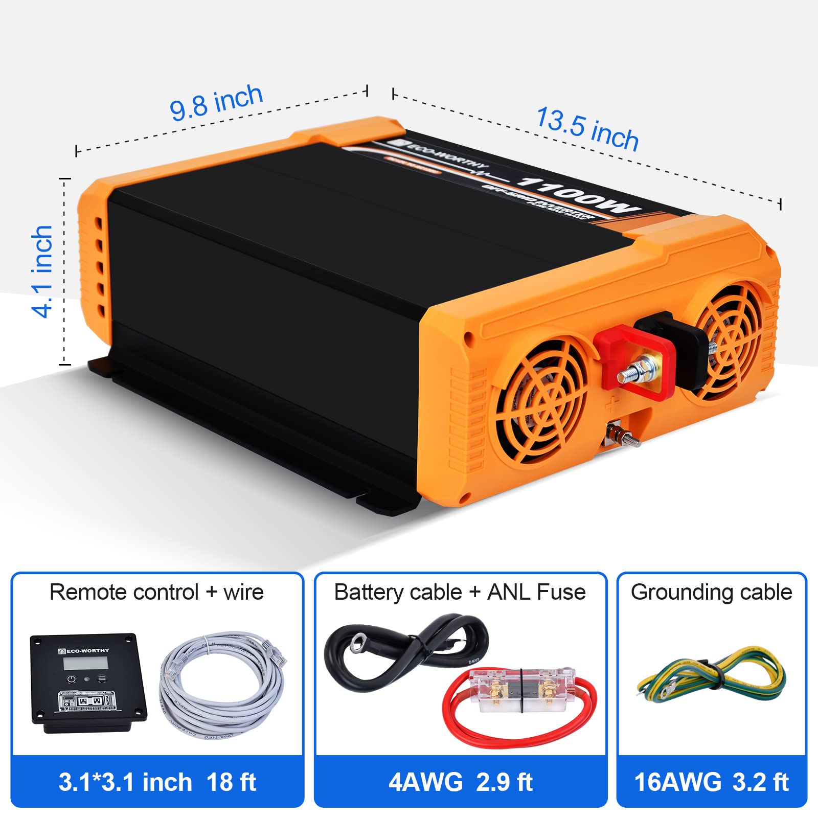 ECO-WORTHY 1100Watt Pure Sine Wave Solar Power Inverter 12V DC to 120V AC with Built-in Dual 18W USB Port, 2*AC Outlets, 1*Hardwire Terminals and 1 * 120A Fuse