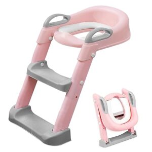 Toddler Toilet Seat and Step Kids Folding Potty Training Toilet Seat with Handle and Ladder Adjustable Toilet Ladder Seat Rose