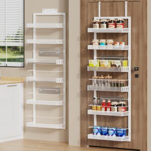 pokipo 6-tier over the door pantry organizer, large door spice rack with adjustable metal baskets, heavy duty hanging or wall mounted storage organizer for kitchen pantry and room wall