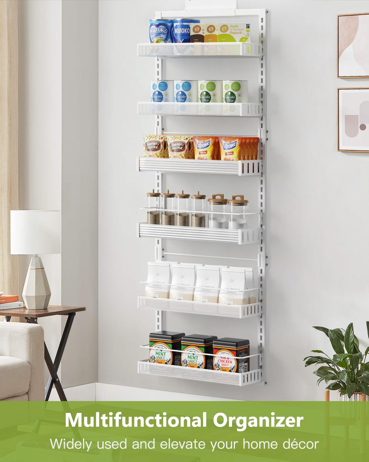 POKIPO 6-Tier Over the Door Pantry Organizer, Large Door Spice Rack with Adjustable Metal Baskets, Heavy Duty Hanging or Wall Mounted Storage Organizer for Kitchen Pantry and Room Wall