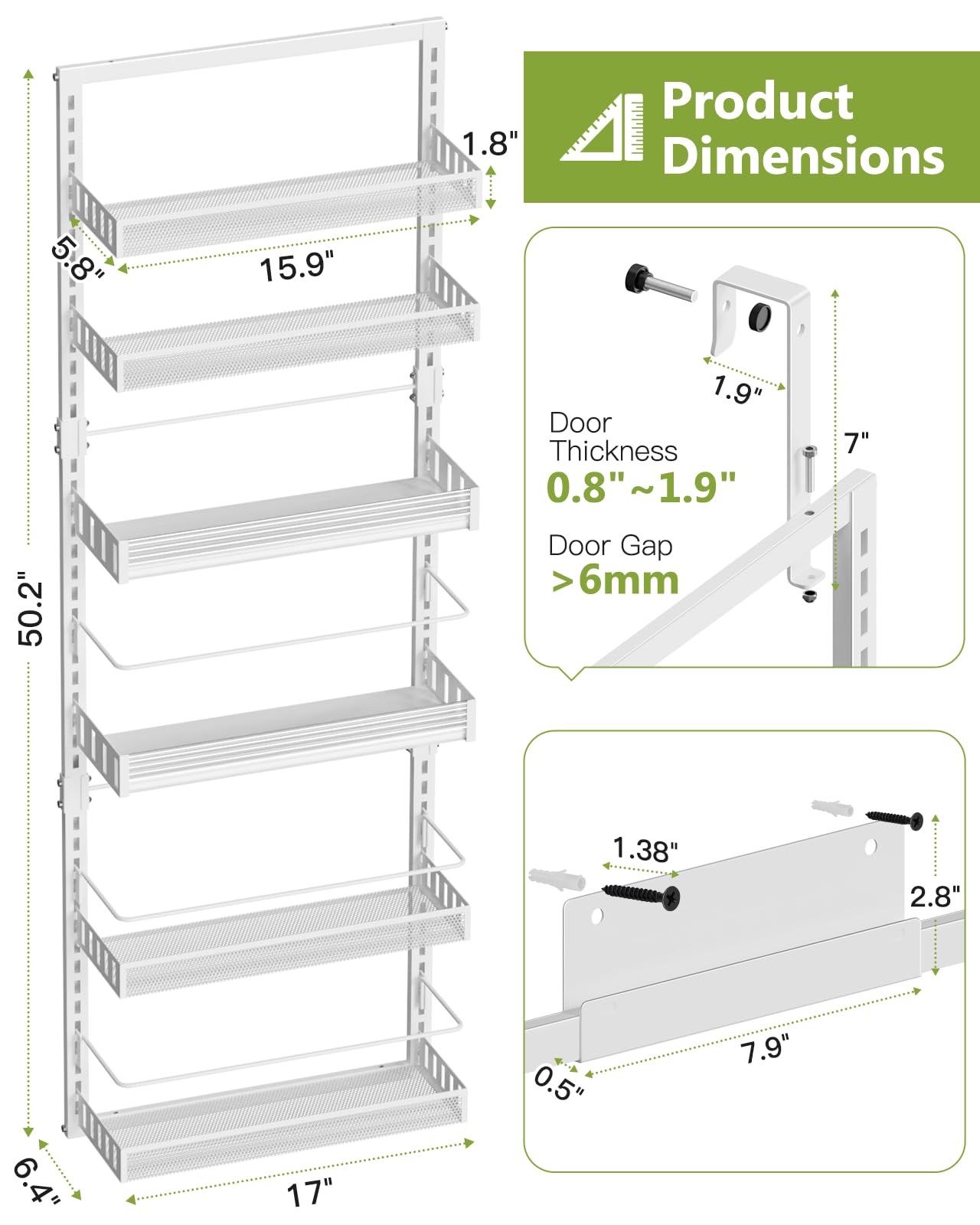 POKIPO 6-Tier Over the Door Pantry Organizer, Large Door Spice Rack with Adjustable Metal Baskets, Heavy Duty Hanging or Wall Mounted Storage Organizer for Kitchen Pantry and Room Wall