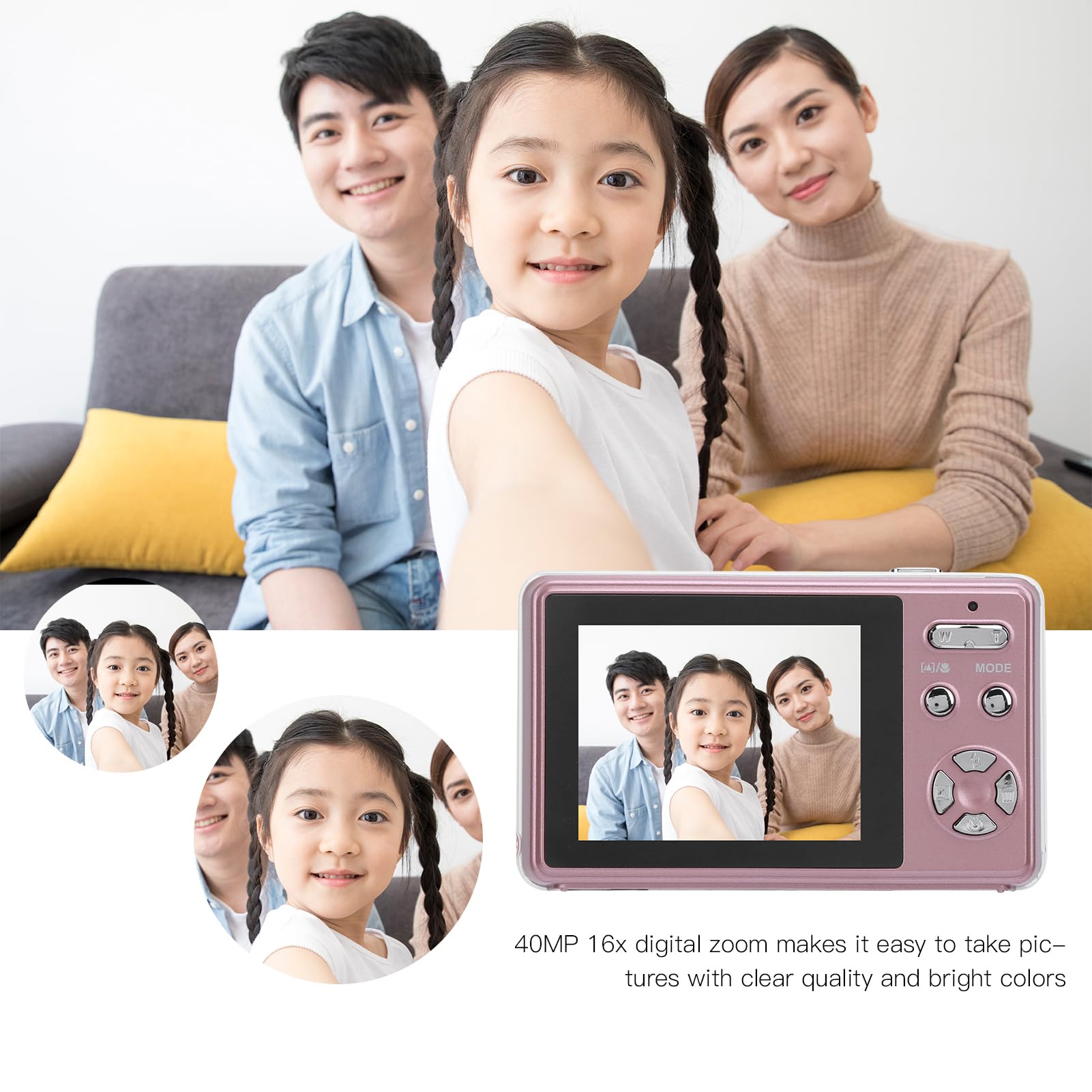 Beginner Digital Camera, 40MP Video, 16x Zoom, USB Rechargeable, Easy Download, Great School Students (Pink)