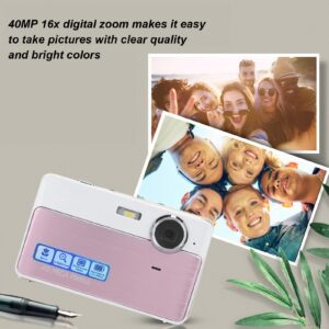 Beginner Digital Camera, 40MP Video, 16x Zoom, USB Rechargeable, Easy Download, Great School Students (Pink)