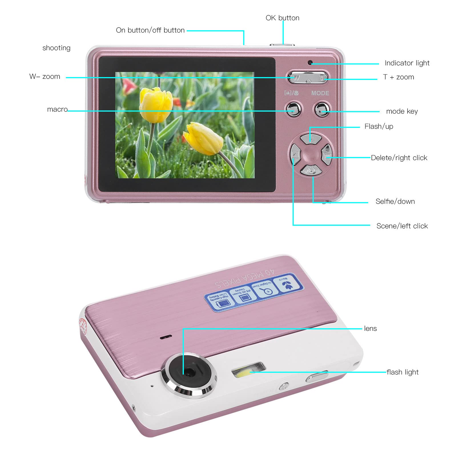 Beginner Digital Camera, 40MP Video, 16x Zoom, USB Rechargeable, Easy Download, Great School Students (Pink)