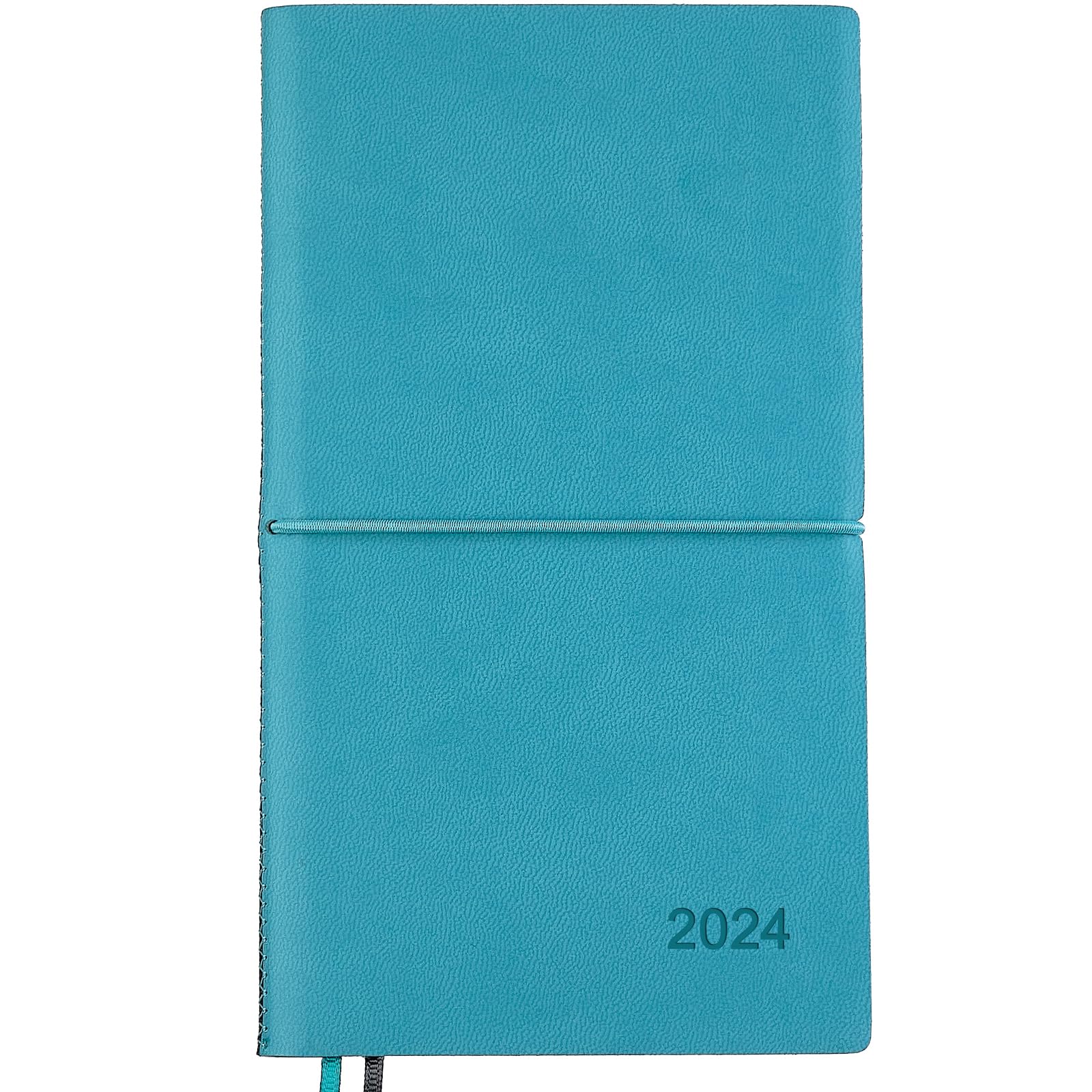 2024 Planner/Pocket Calendar 4"x7": 14 Months (Nov 2023 - Dec 2024) Weekly, Monthly Calendars, Leather Material, Elastic Closure, Decorative Stitching, Page Finder Ribbons and Notes Pages (Blue/Black)