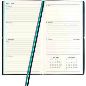 2024 Planner/Pocket Calendar 4"x7": 14 Months (Nov 2023 - Dec 2024) Weekly, Monthly Calendars, Leather Material, Elastic Closure, Decorative Stitching, Page Finder Ribbons and Notes Pages (Blue/Black)