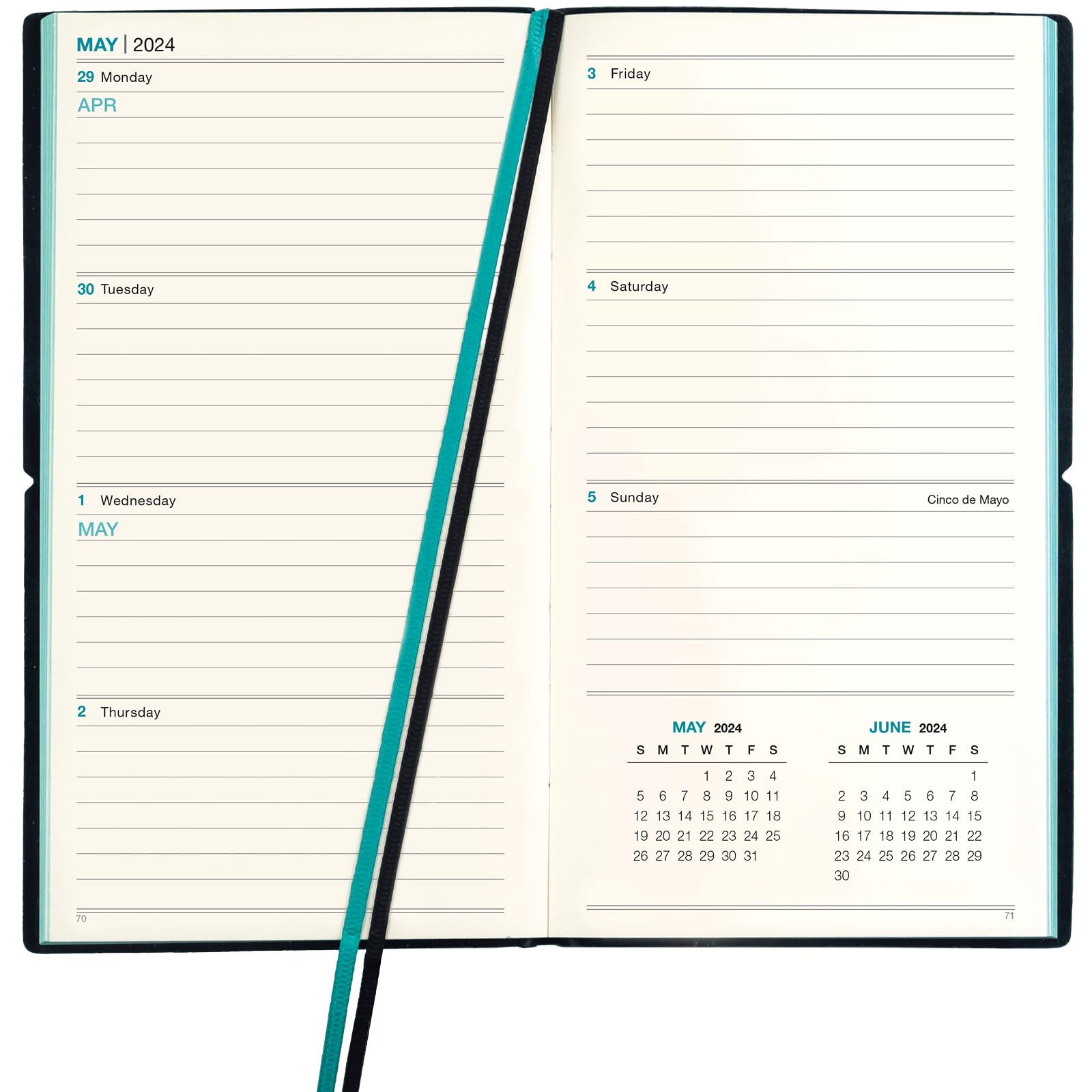 2024 Planner/Pocket Calendar 4"x7": 14 Months (Nov 2023 - Dec 2024) Weekly, Monthly Calendars, Leather Material, Elastic Closure, Decorative Stitching, Page Finder Ribbons and Notes Pages (Blue/Black)